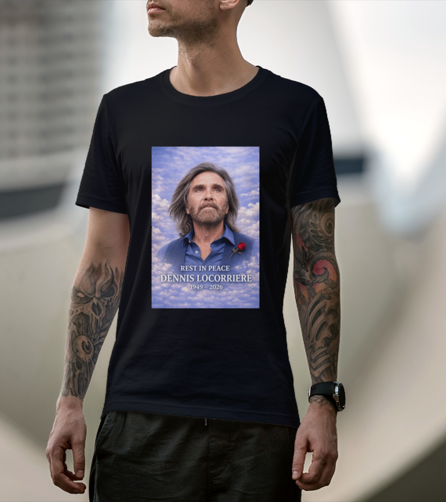 Rest In Peace Dennis Locorriere 1949 2026 Memorial Tribute With Rose And Clouds T-Shirt