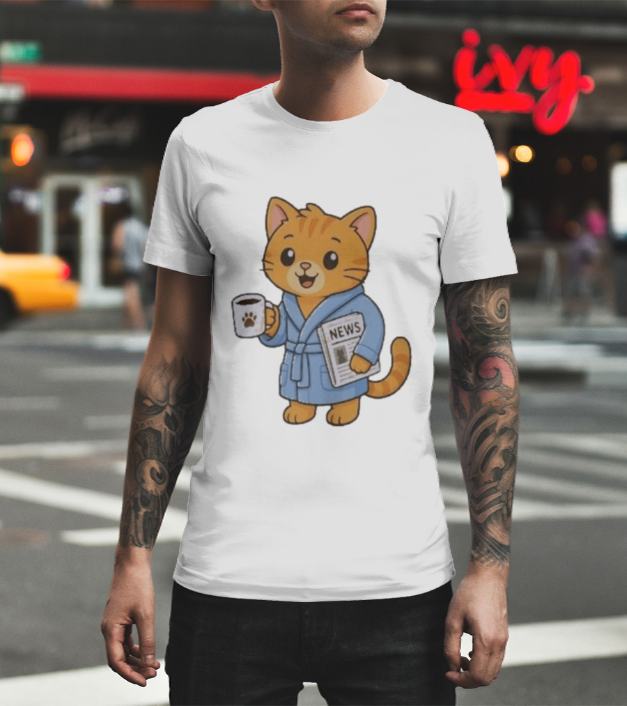 Cat In Bathrobe With Coffee And Newspaper T-Shirt