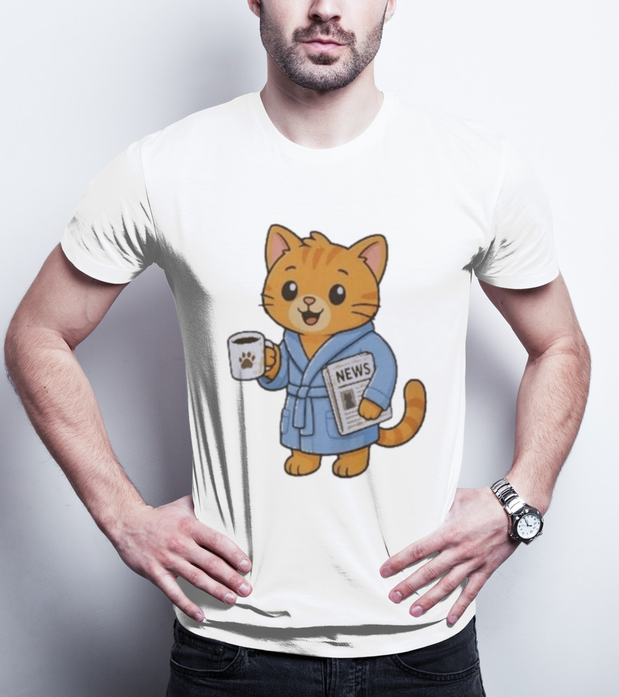 Cat In Bathrobe With Coffee And Newspaper T-Shirt