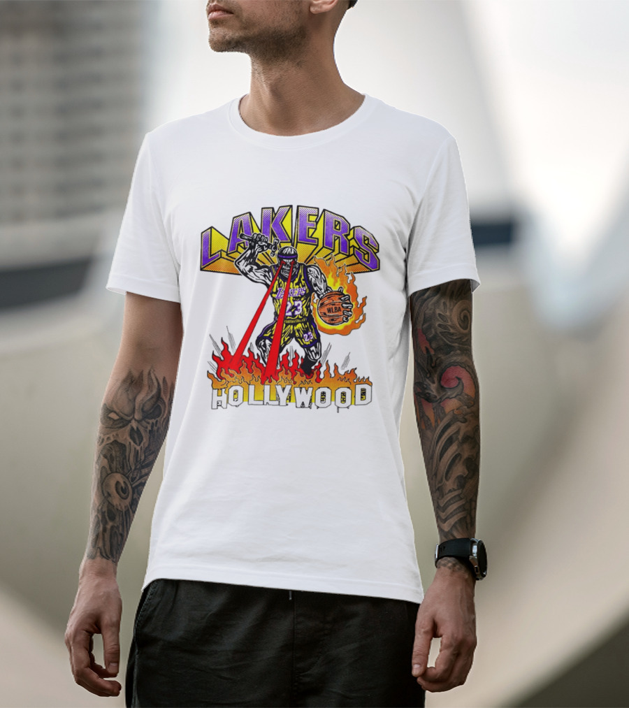 Rare Warren Lotas Los Angeles Lakers Hollywood Basketball Player Flames Laser Eyes 23 Team T-Shirt