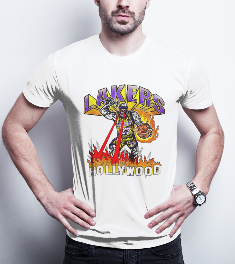 Rare Warren Lotas Los Angeles Lakers Hollywood Basketball Player Flames Laser Eyes 23 Team T-Shirt