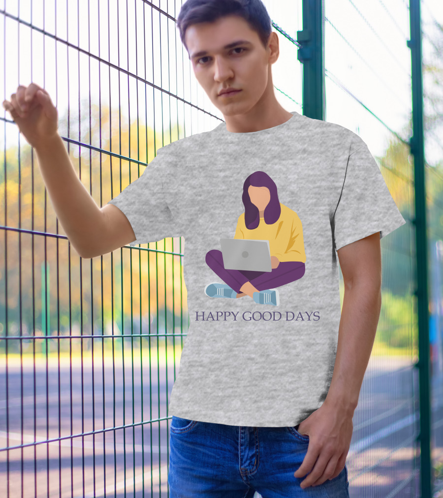 HAPPY GOOD DAYS Laptop Sitting Woman T-Shirt