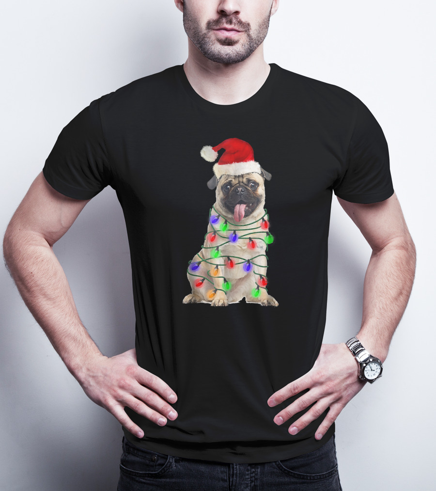 Christmas Pug Wrapped In Festive Lights Wearing Santa Hat T-Shirt