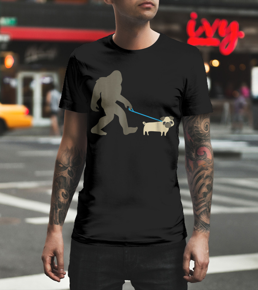 Bigfoot Walking Pug Funny Cute Sasquatch Dog Leash T-Shirt