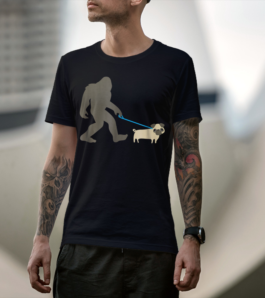 Bigfoot Walking Pug Funny Cute Sasquatch Dog Leash T-Shirt