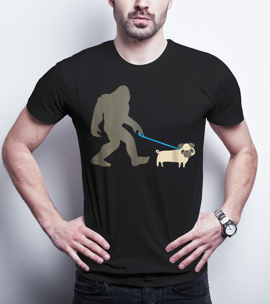 Bigfoot Walking Pug Funny Cute Sasquatch Dog Leash T-Shirt
