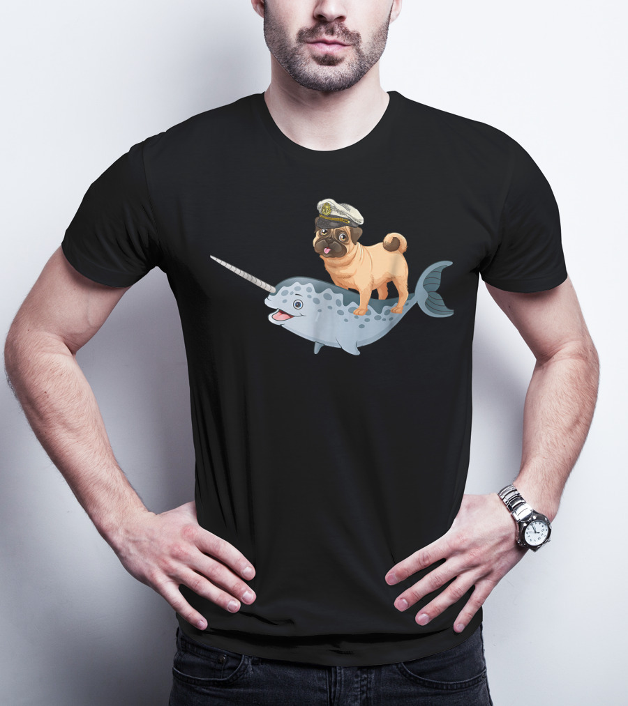 Captain Pug On Narwhal Funny Pug Adventure T-Shirt