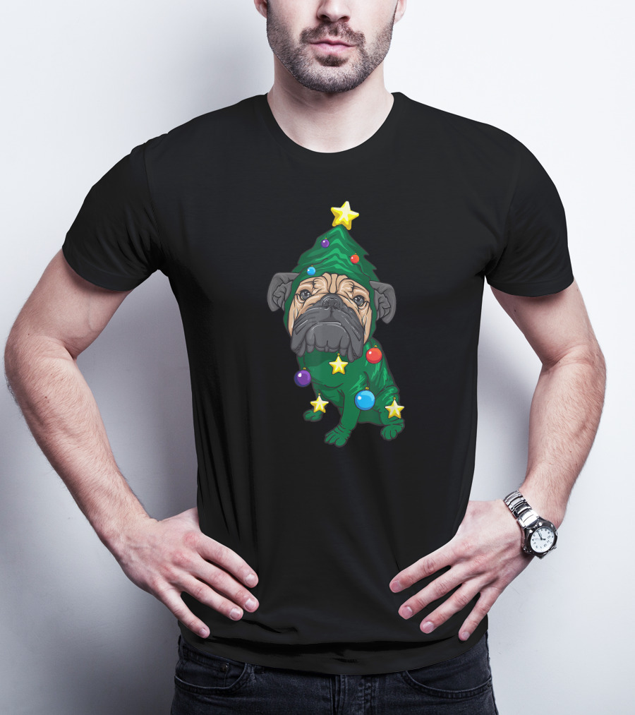 Pug Christmas Tree Yuletide Adorable Puppy Fan Holiday Stars Ornaments T-Shirt