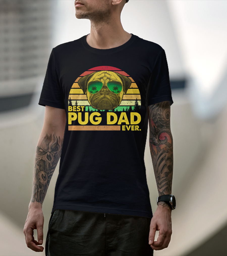 Best Pug Dad Ever Sunglasses Vintage Sunset T-Shirt