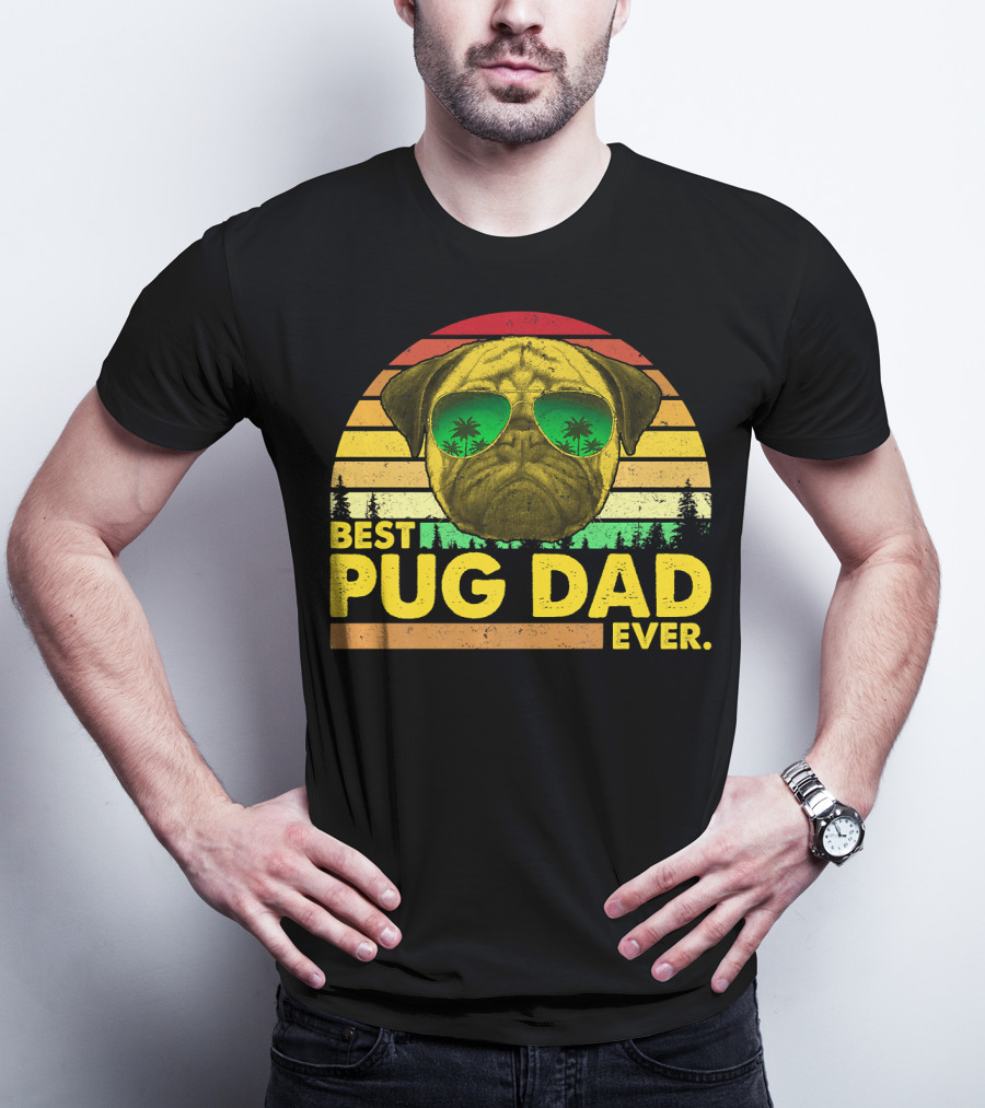 Best Pug Dad Ever Sunglasses Vintage Sunset T-Shirt