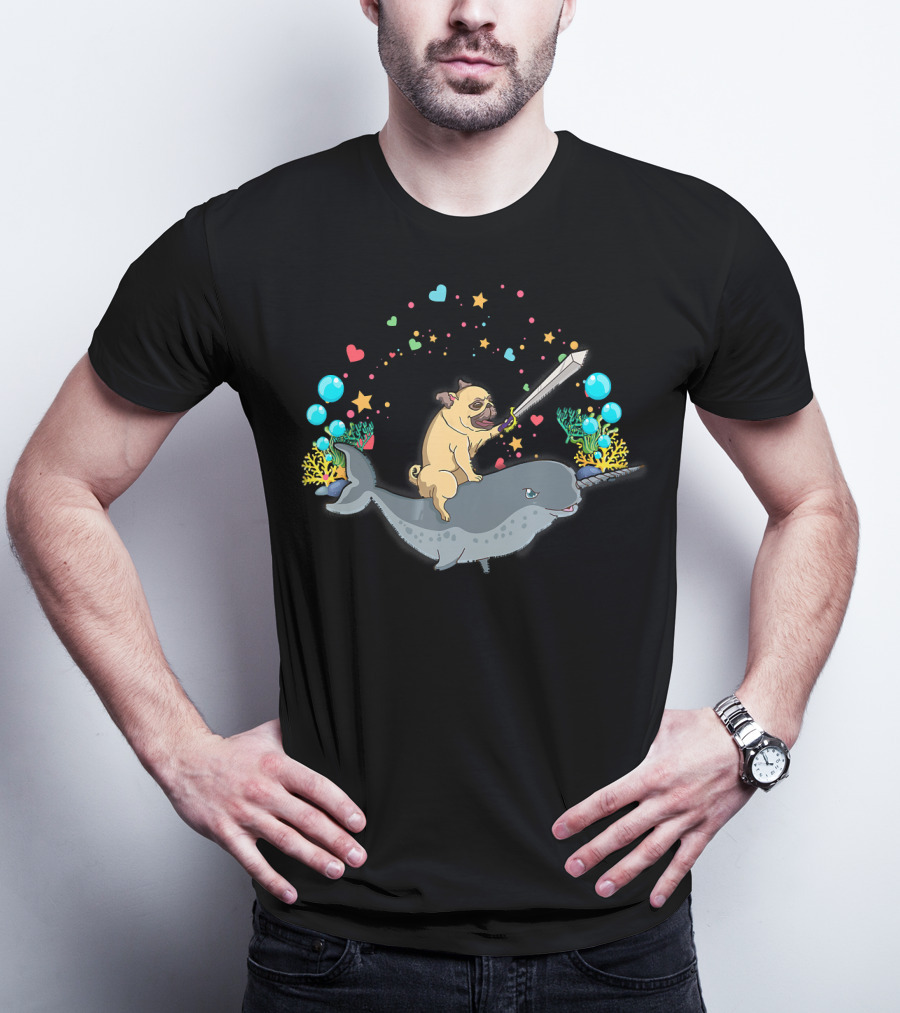Warrior Pug With Sword Rides A Narwhal Surrounded By Hearts And Stars T-Shirt