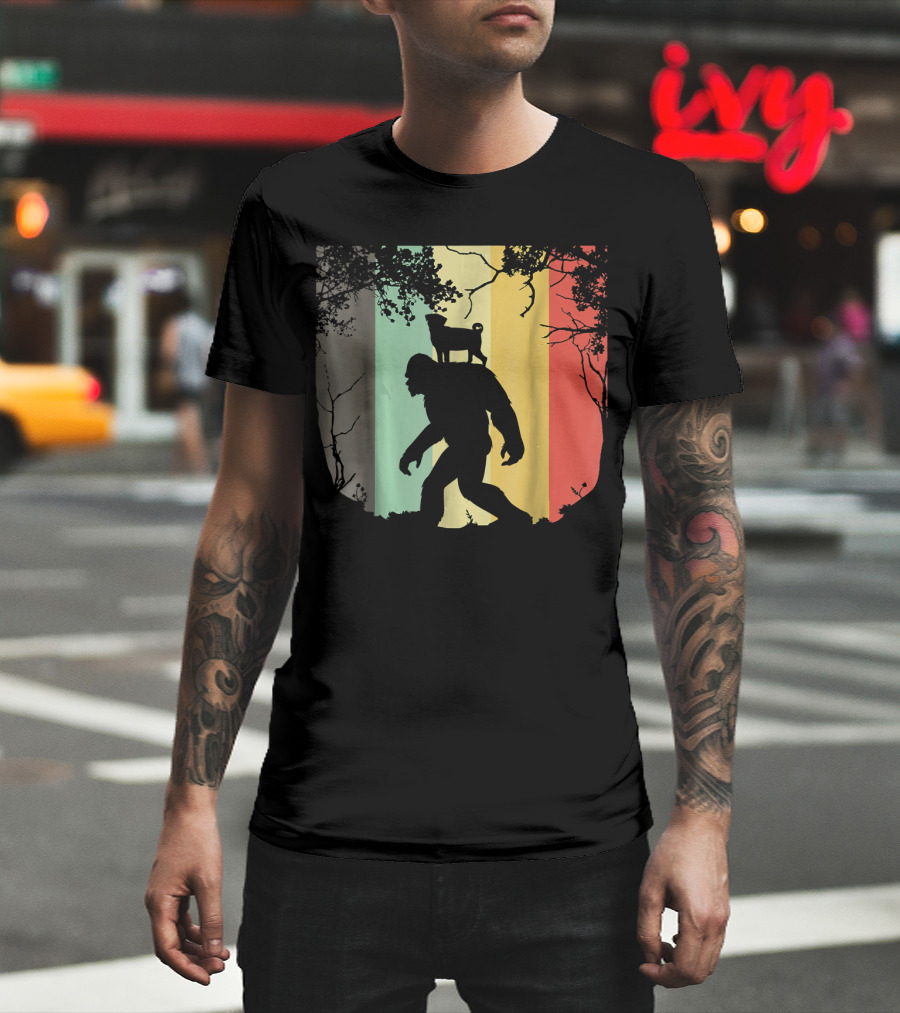 Pug Riding Bigfoot Vintage Retro Sunset Stripes T-Shirt