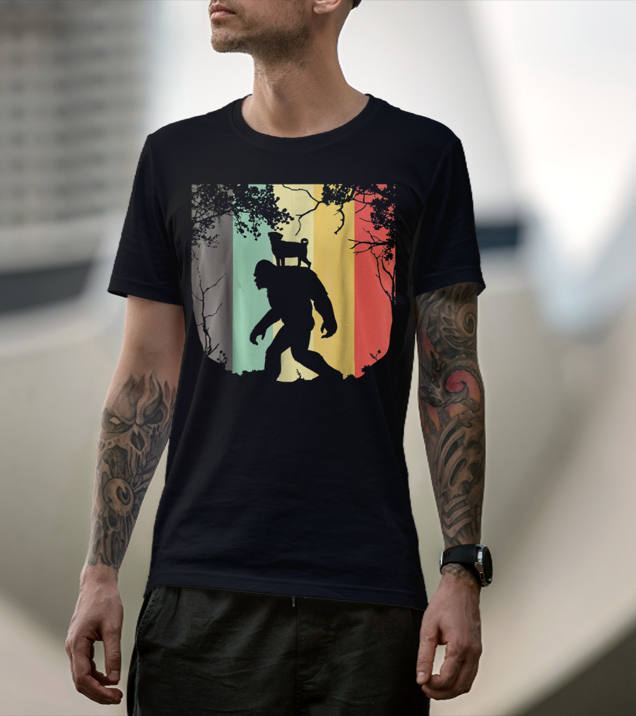 Pug Riding Bigfoot Vintage Retro Sunset Stripes T-Shirt