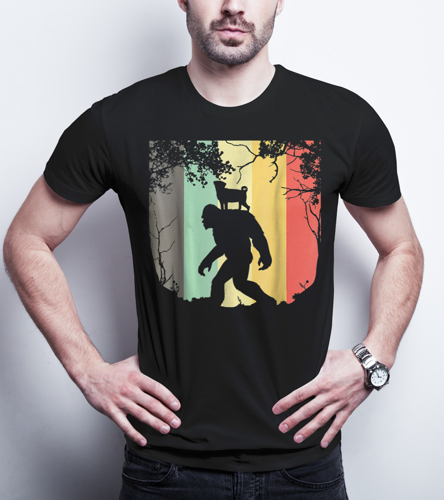 Pug Riding Bigfoot Vintage Retro Sunset Stripes T-Shirt