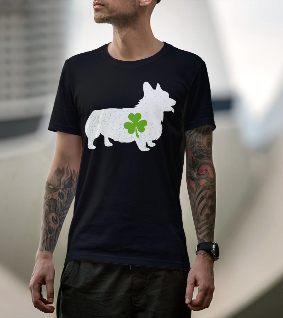 Corgi Silhouette With Green Clover Irish T-Shirt