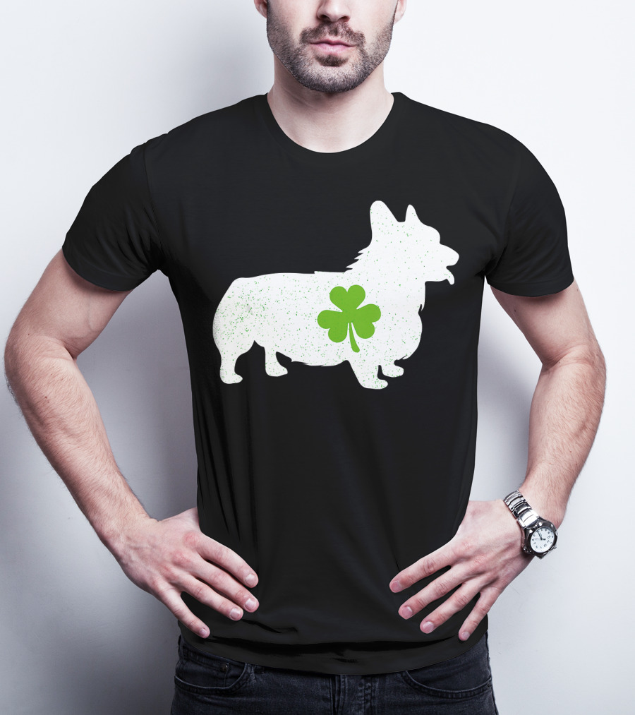 Corgi Silhouette With Green Clover Irish T-Shirt