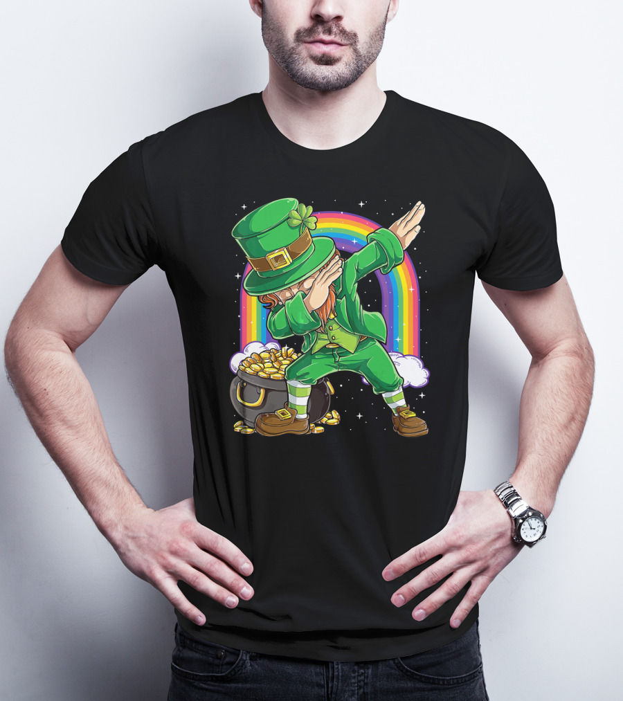 Dabbing Leprechaun St Patricks Day Boys Dab With Pot Of Gold And Rainbow T-Shirt