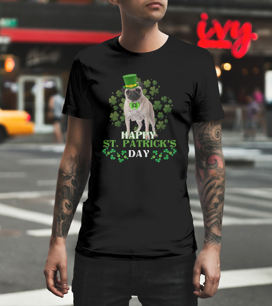 Happy St Patrick's Day Leprechaun Pug With Shamrocks T-Shirt