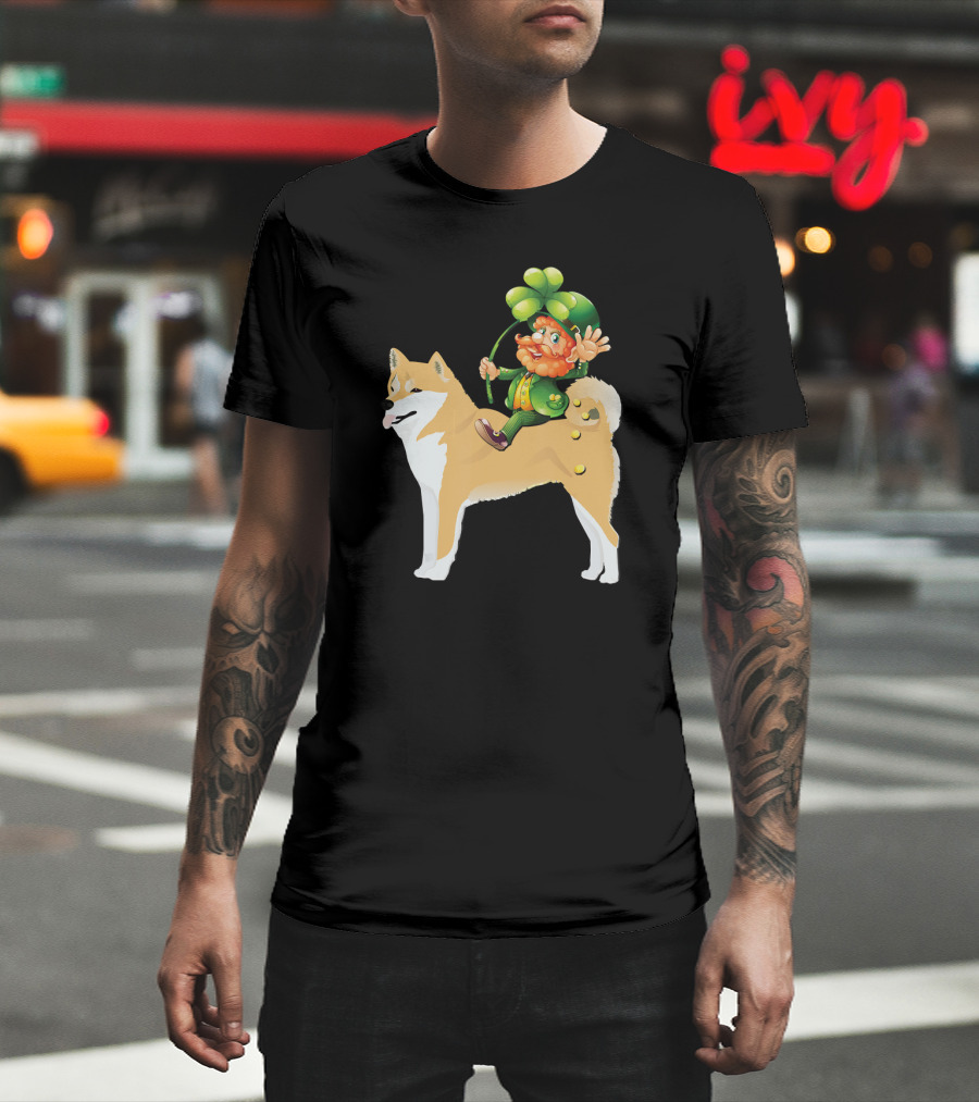Leprechaun On Shiba Inu With Shamrock Rider T-Shirt