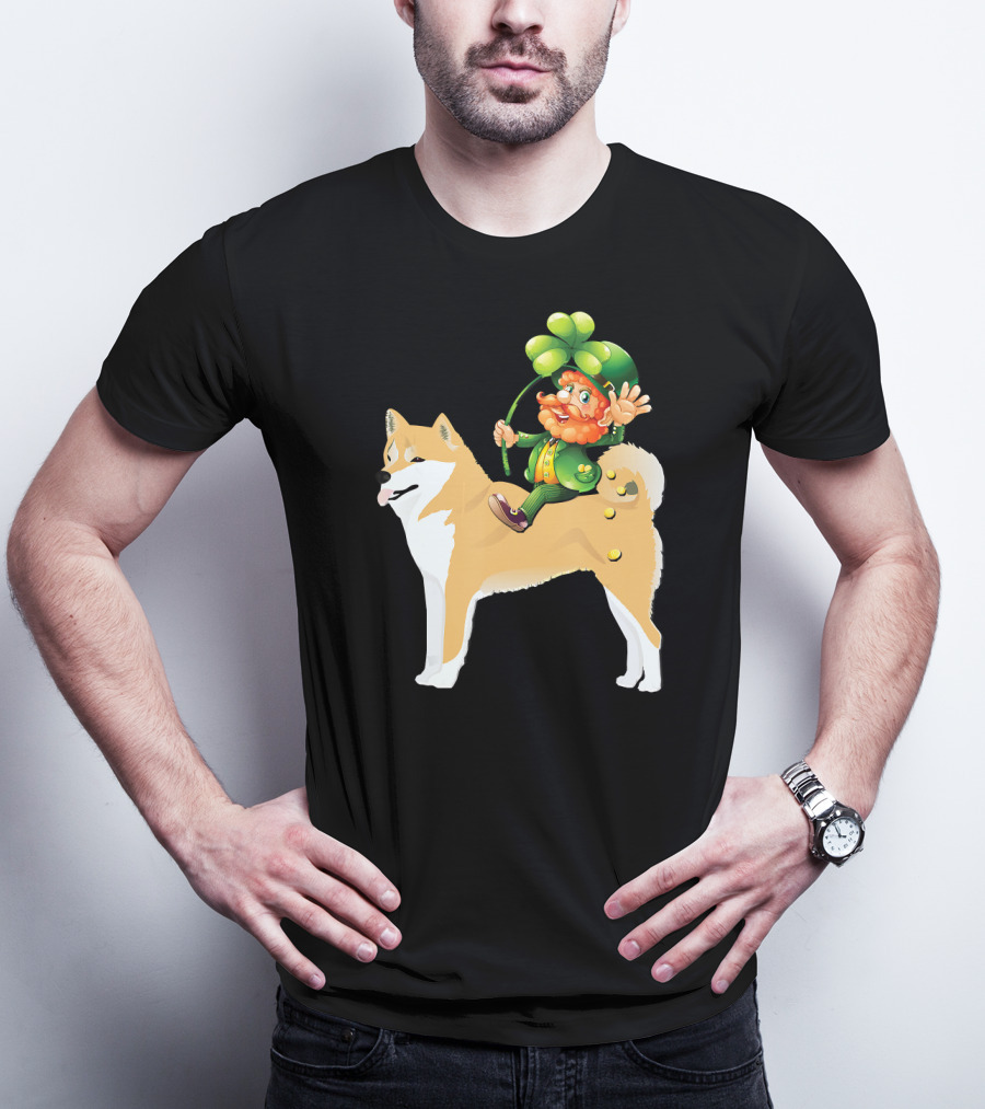 Leprechaun On Shiba Inu With Shamrock Rider T-Shirt