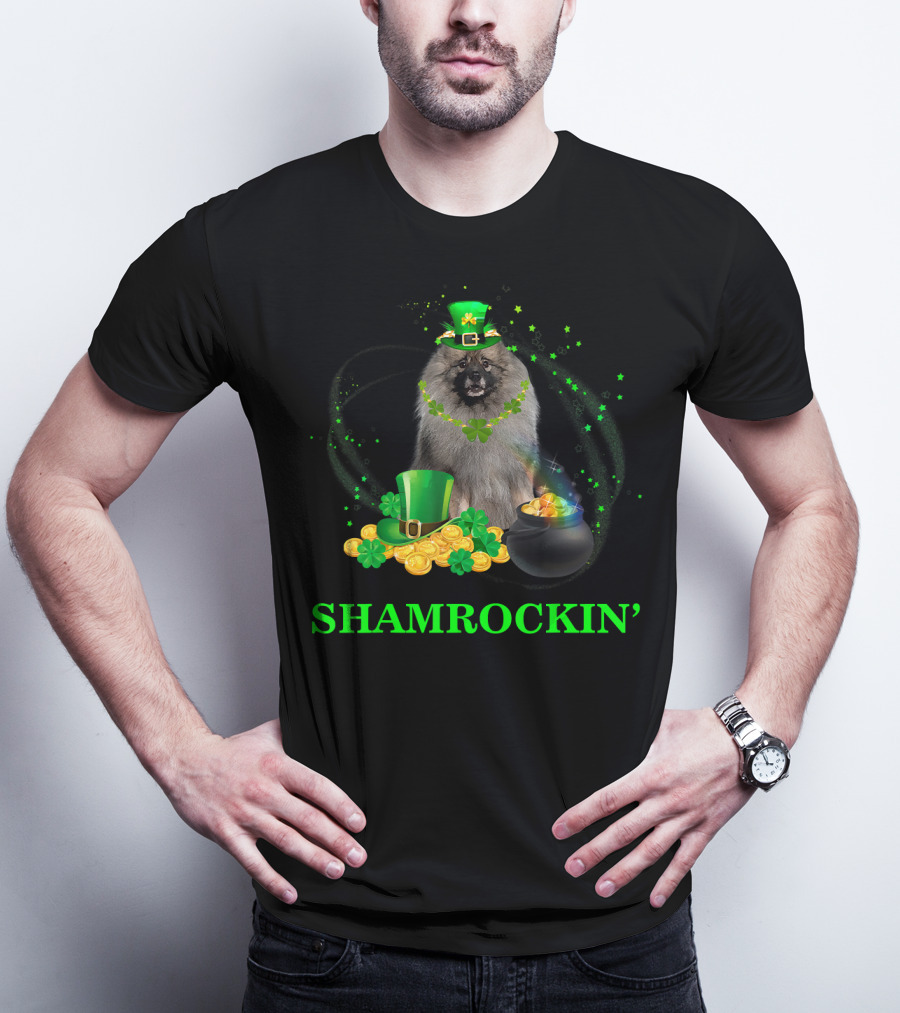 Shamrockin Keeshond St Patricks Day Dog With Green Hat And Gold Coins T-Shirt