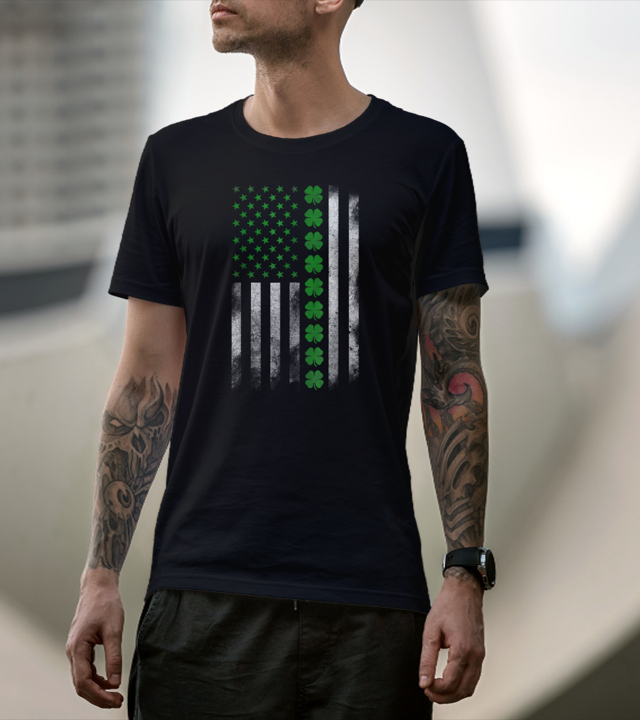 St. Patricks Day Green Clover Irish American Flag T-Shirt