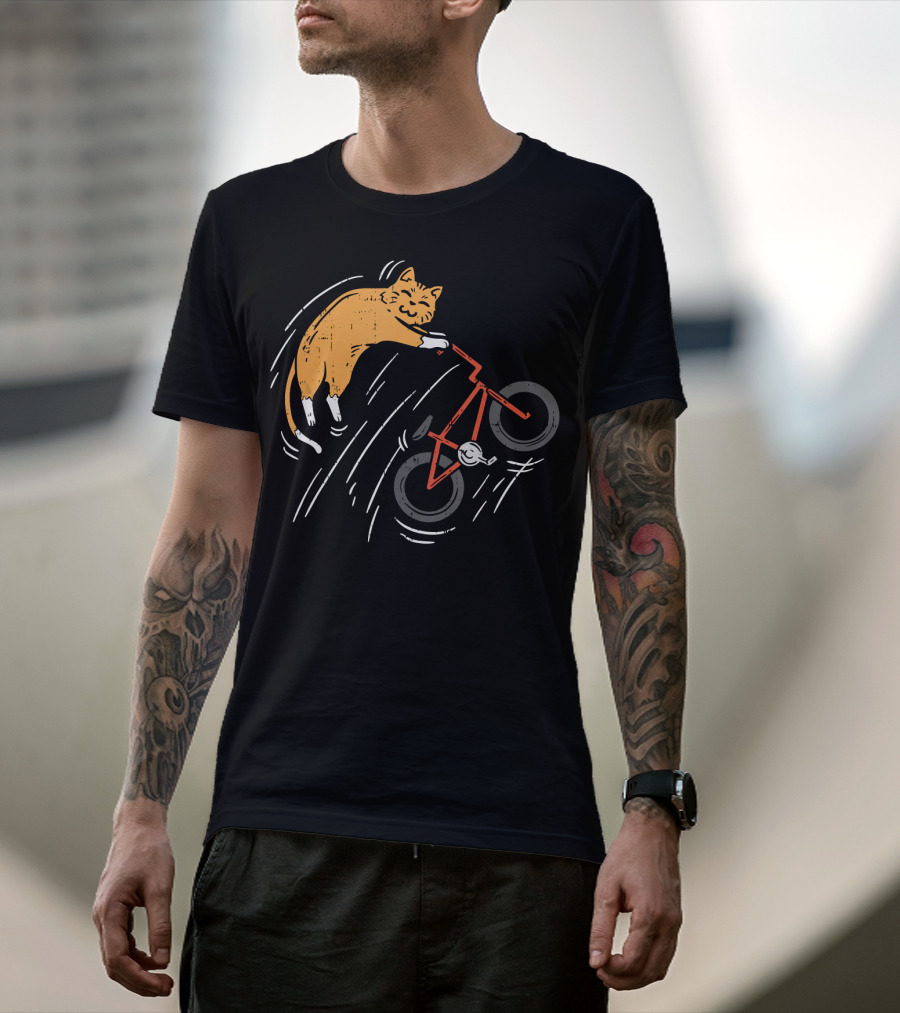 Orange Cat Riding Bicycle In Motion T-Shirt