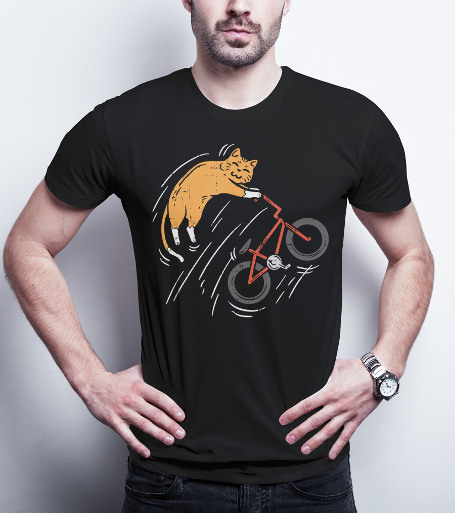 Orange Cat Riding Bicycle In Motion T-Shirt