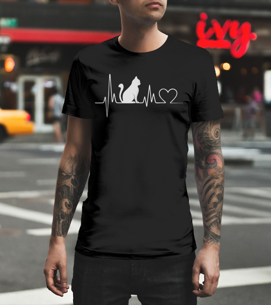 Cat Heartbeat With Heart Outline And Cat T-Shirt
