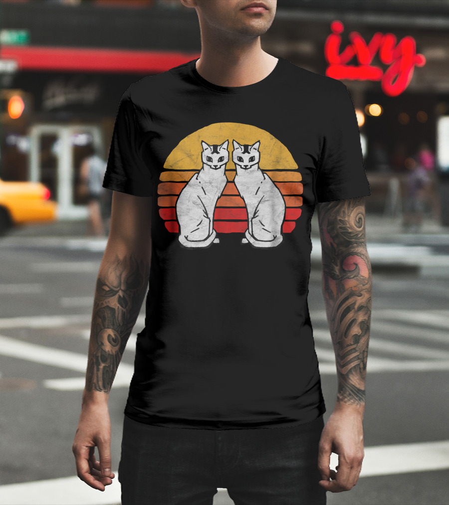 Vintage Eighties Style Twin Siamese Cats With Retro Sunset Stripes T-Shirt