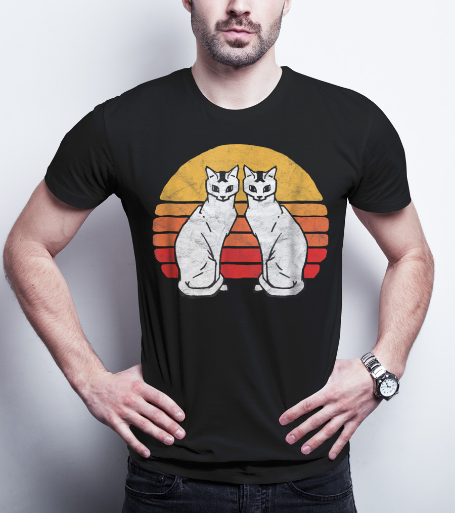 Vintage Eighties Style Twin Siamese Cats With Retro Sunset Stripes T-Shirt