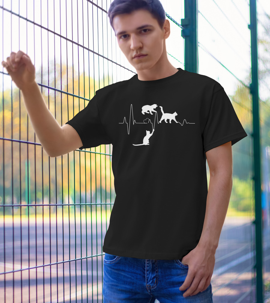 Cat Heartbeat Funny Cats Playing On Heartline T-Shirt