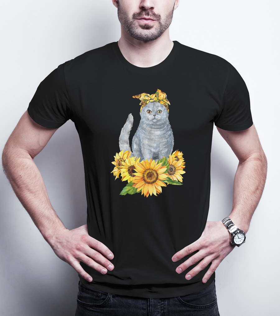 Hippie Cat With Sunflower Bandana And Sunflowers Cute Cat Lover T-Shirt