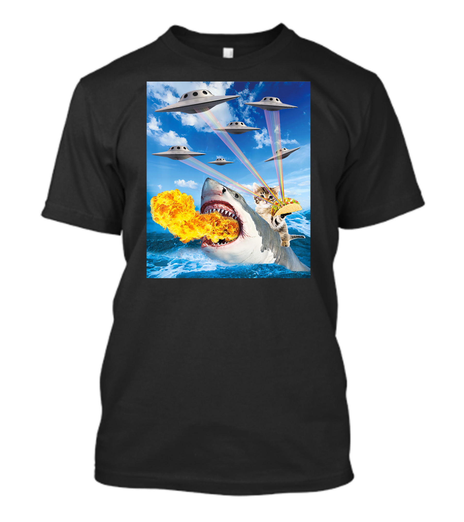 Cat Riding Fire Breathing Shark With UFO Rainbow Lasers And Taco T-Shirt