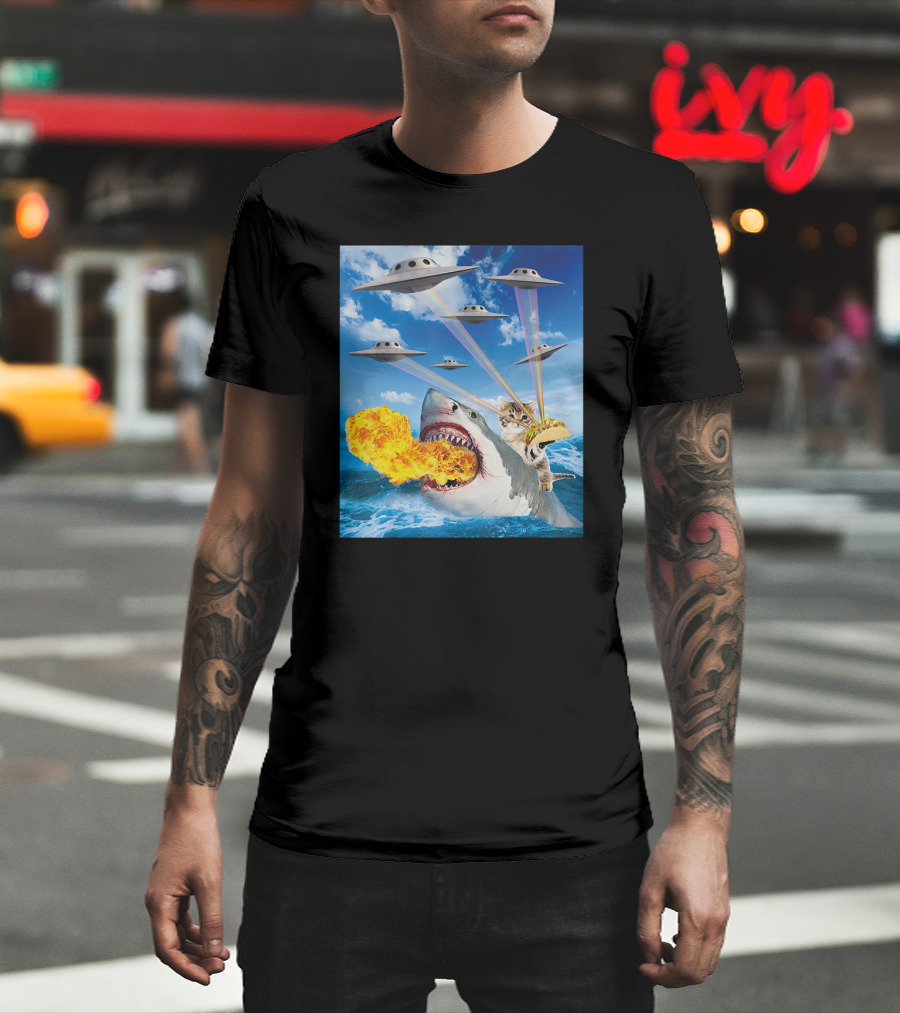 Cat Riding Fire Breathing Shark With UFO Rainbow Lasers And Taco T-Shirt
