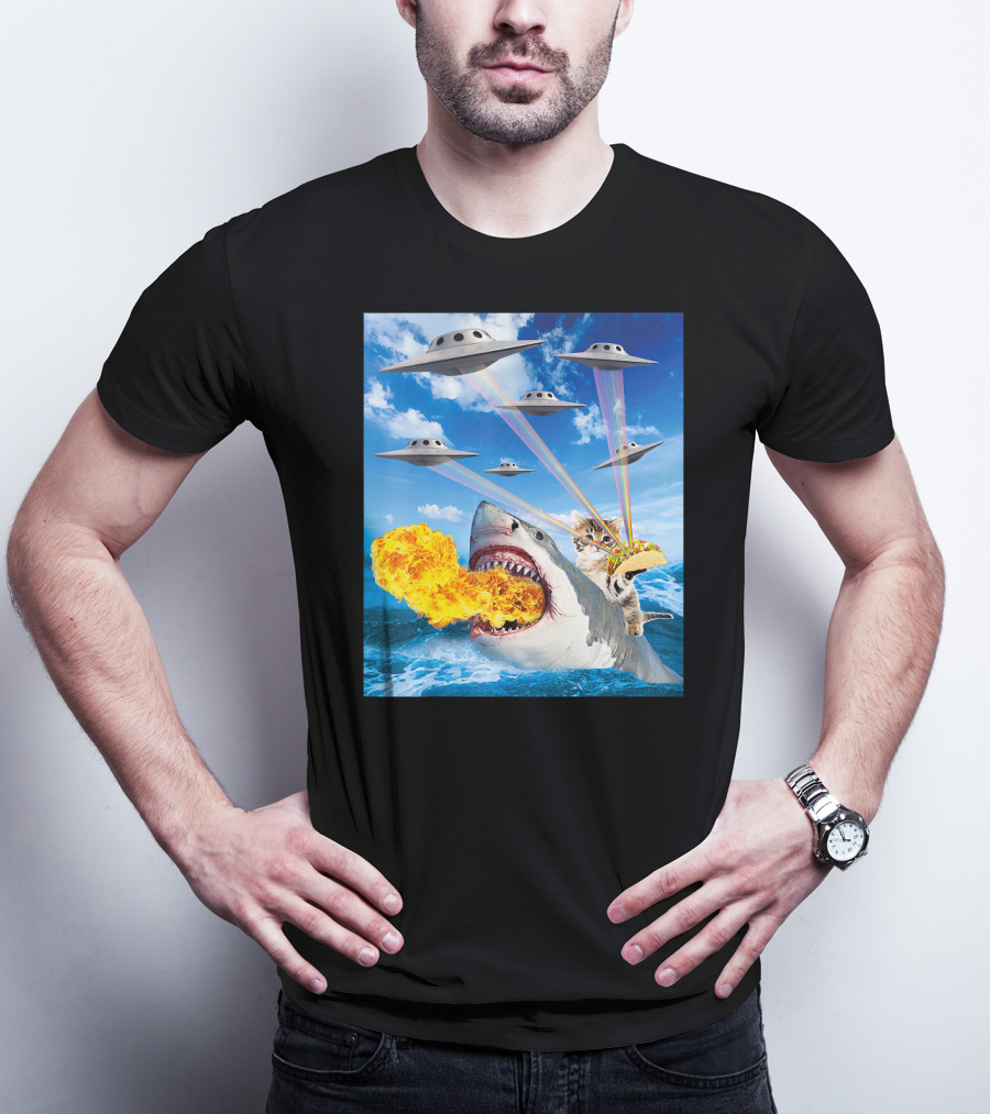 Cat Riding Fire Breathing Shark With UFO Rainbow Lasers And Taco T-Shirt