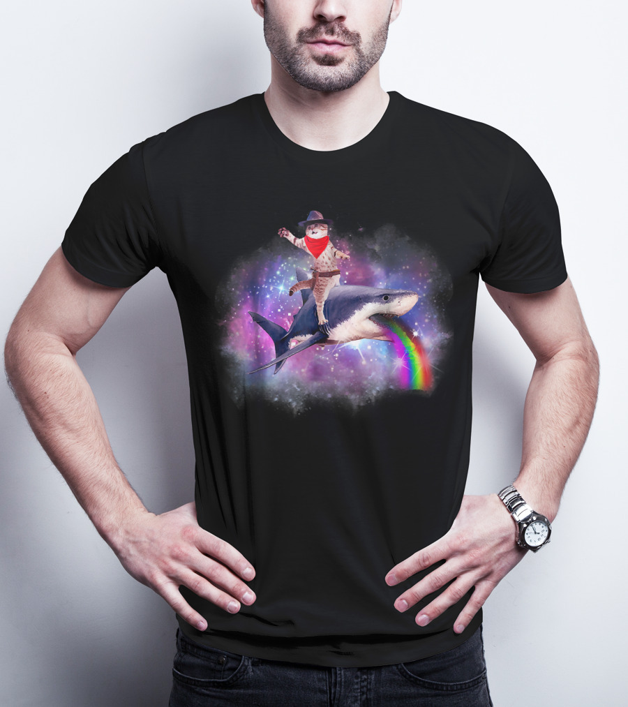 Space Cat Cowboy Riding Rainbow Shark In Galaxy T-Shirt