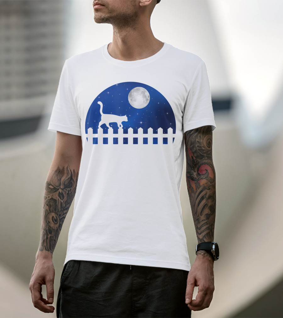 Cat Cat Moon Night Sky Walking Fence T-Shirt