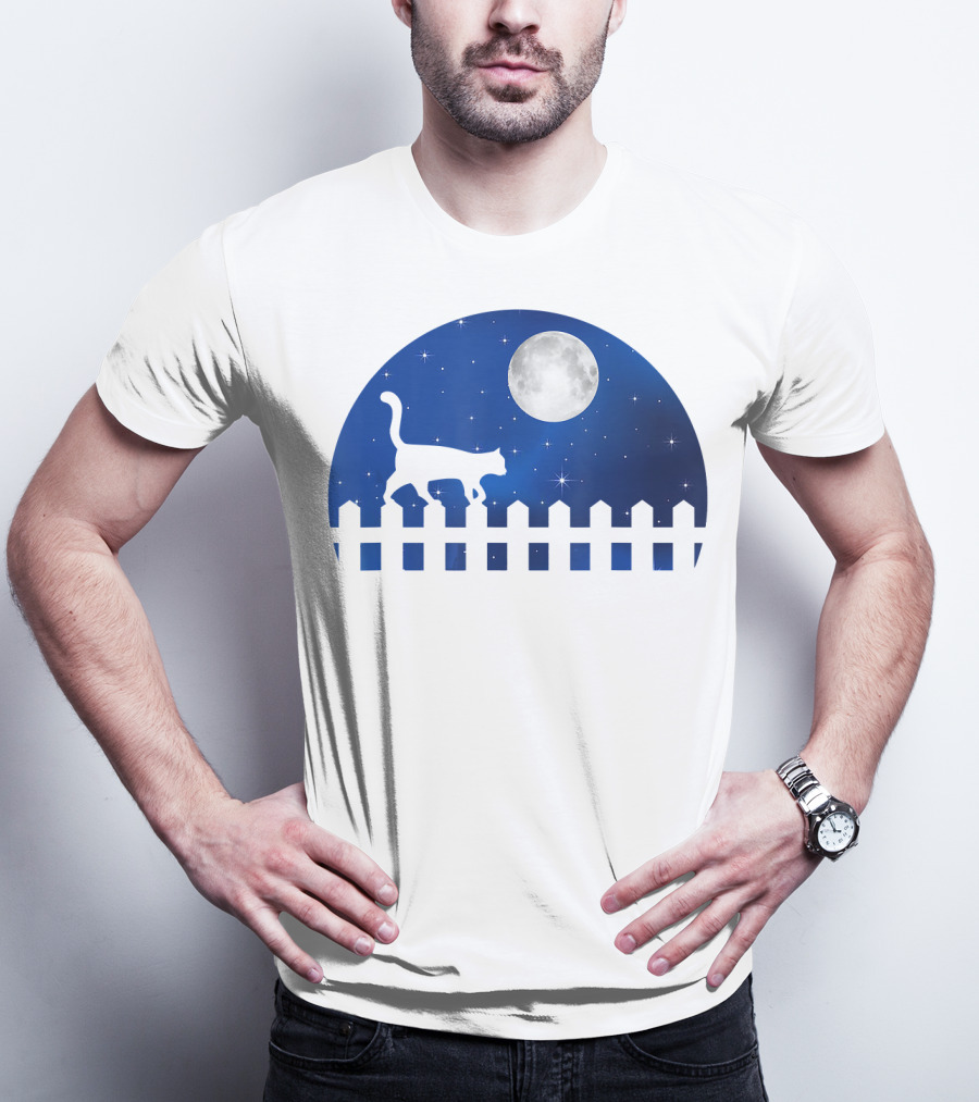 Cat Cat Moon Night Sky Walking Fence T-Shirt