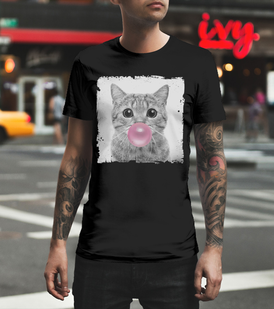 Cute Cat Blowing Pink Bubble Gum For Animal Lover Black And White Sketch T-Shirt