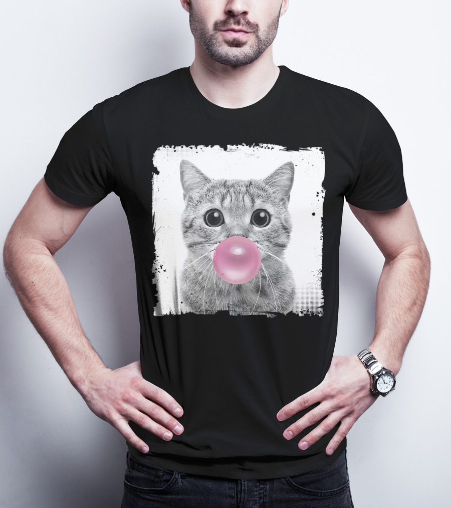 Cute Cat Blowing Pink Bubble Gum For Animal Lover Black And White Sketch T-Shirt