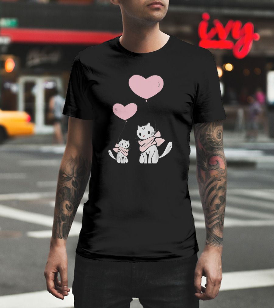 CUTE CATS Wearing Scarves Holding Pink Heart Balloons T-Shirt
