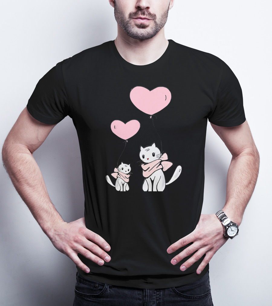 CUTE CATS Wearing Scarves Holding Pink Heart Balloons T-Shirt