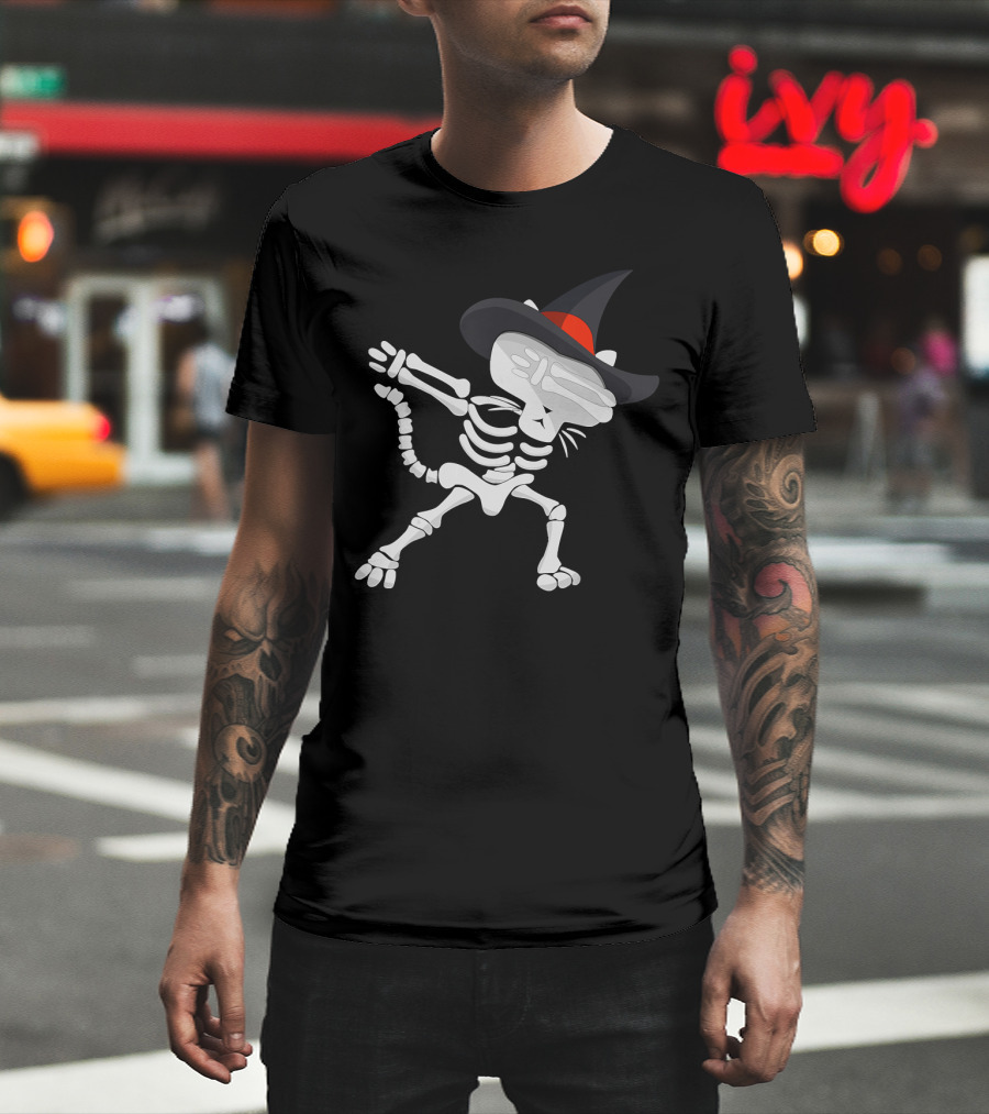 Dabbing Cat Skeleton With Witch Hat T-Shirt
