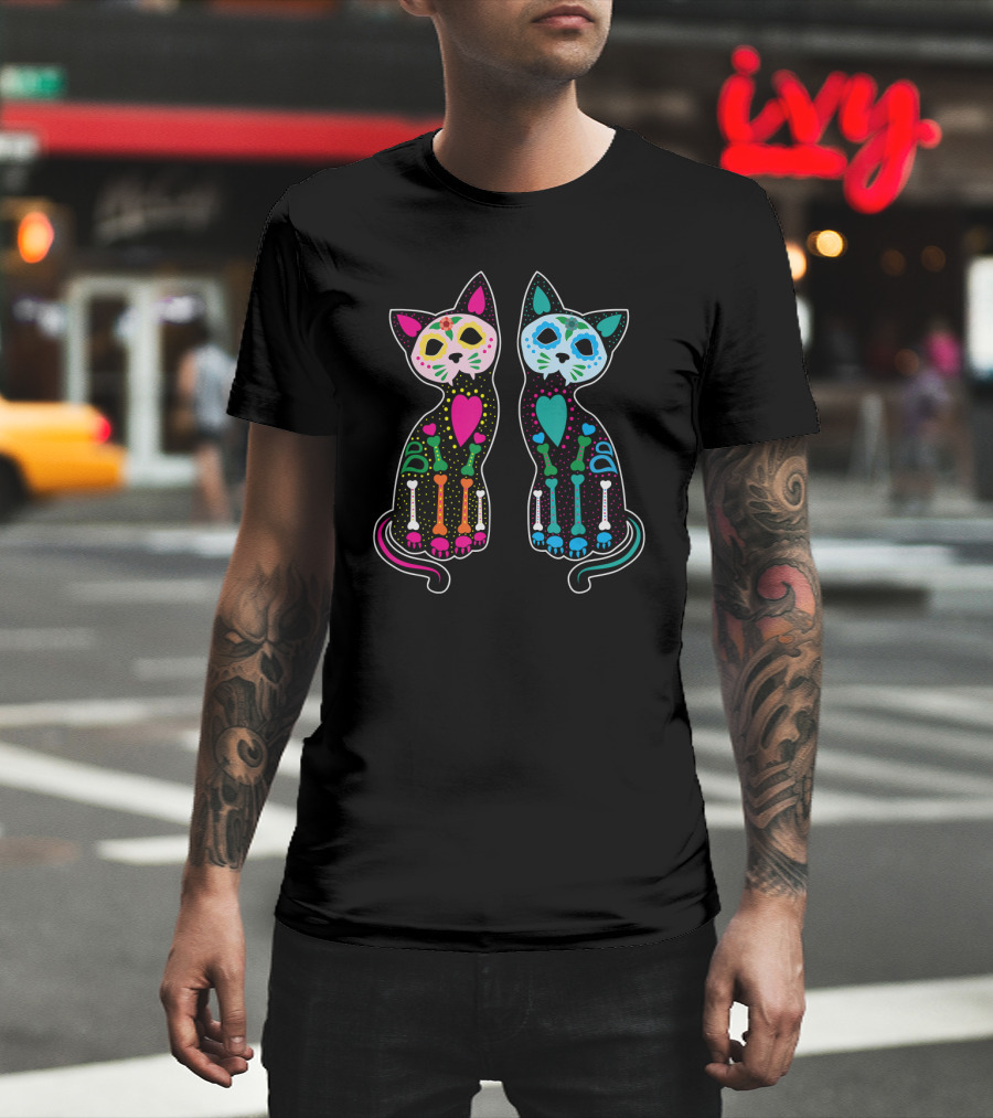 Day Of The Dead Sugar Skull Skeleton Cats T-Shirt