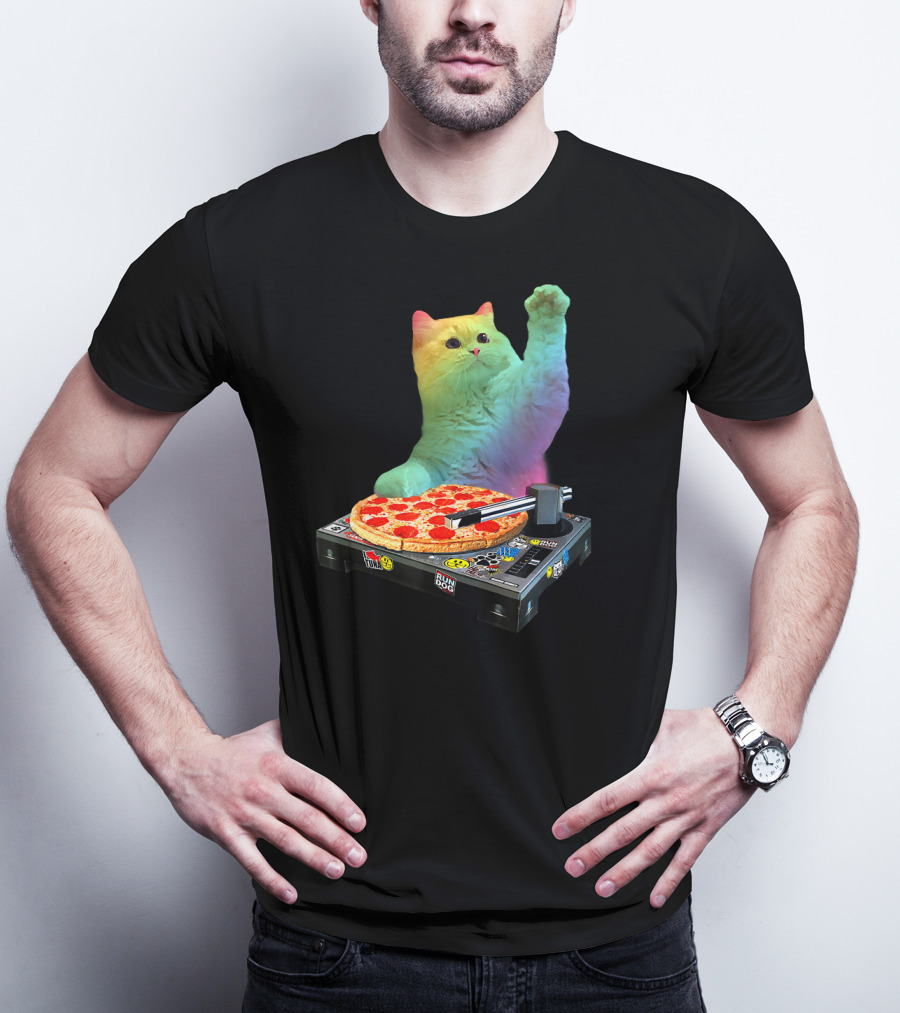 DJ Cat EDM Pizza Turntable Colorful Kitty Music Fun T-Shirt