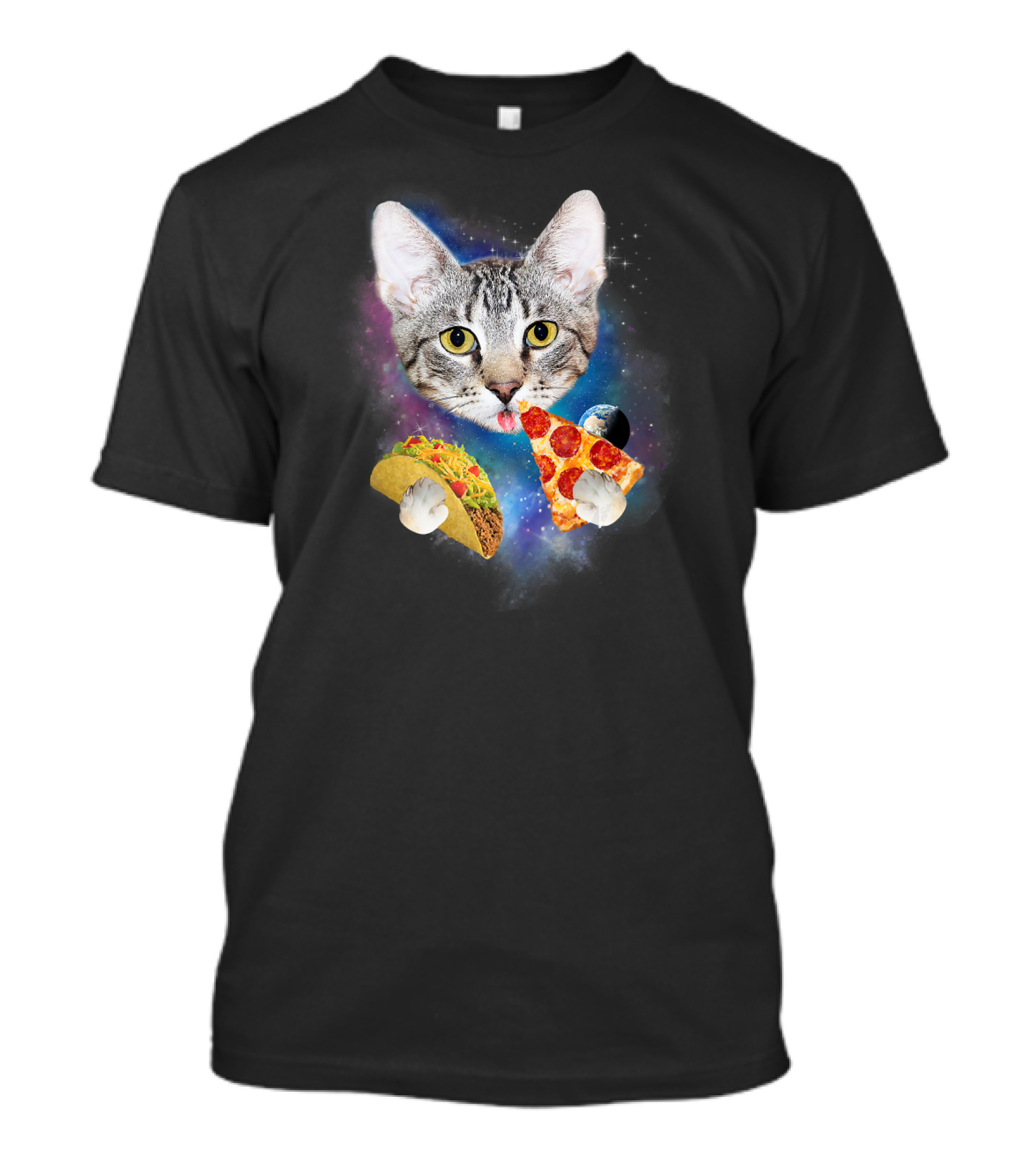 Funny Space Cat Eating Pizza And Taco In Galaxy T-Shirt