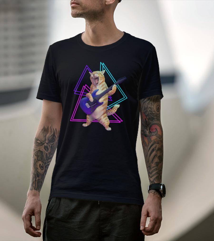Guitar Cat Rock Kitty On Electric Guitar Neon Triangles T-Shirt