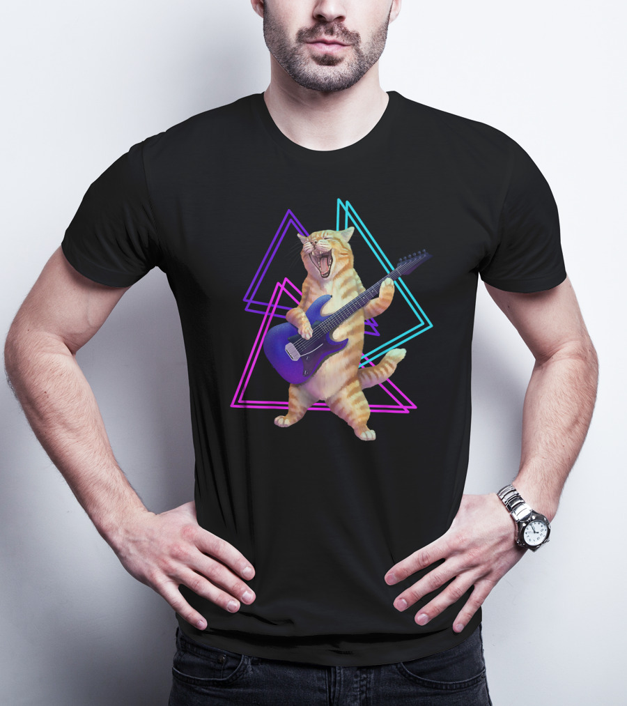 Guitar Cat Rock Kitty On Electric Guitar Neon Triangles T-Shirt
