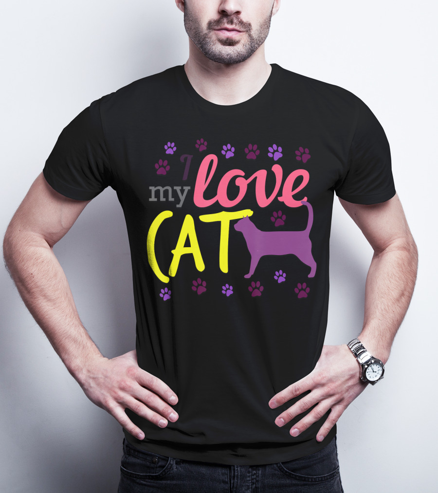 I Love My Cat Feline Owner Cute Pet Purple Paw Prints T-Shirt